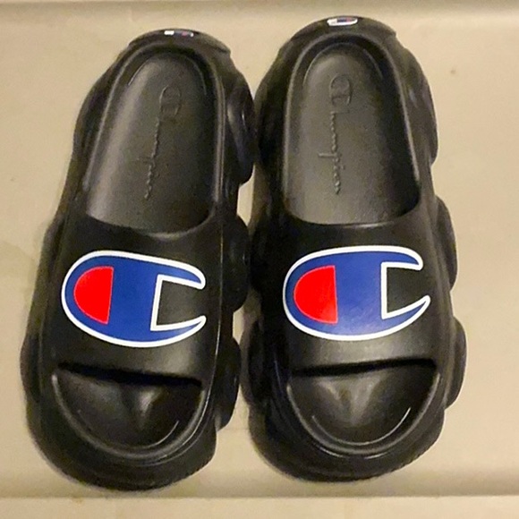 Champion | Shoes | Champion Men Black Slides With Red And Blue Logo ...